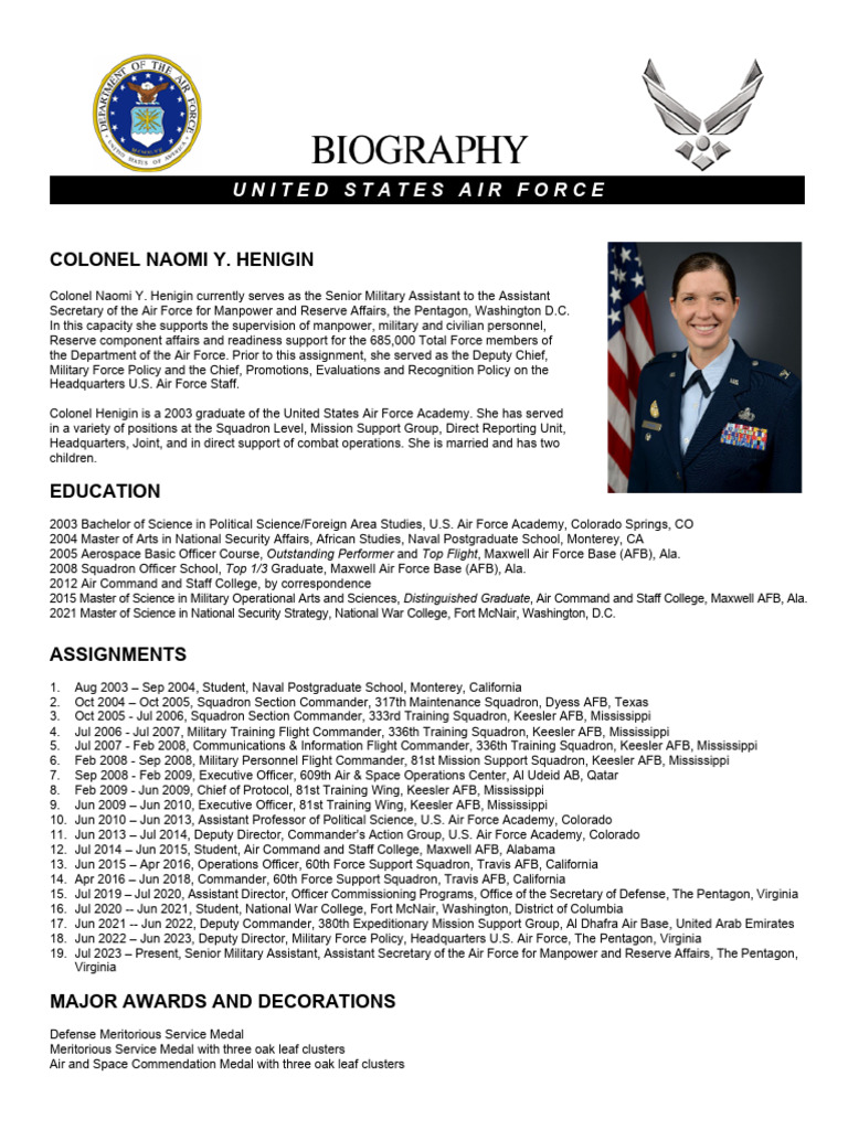 Colonel Naomi Y. Henigin's Career Overview | PDF | Military Aviation ...