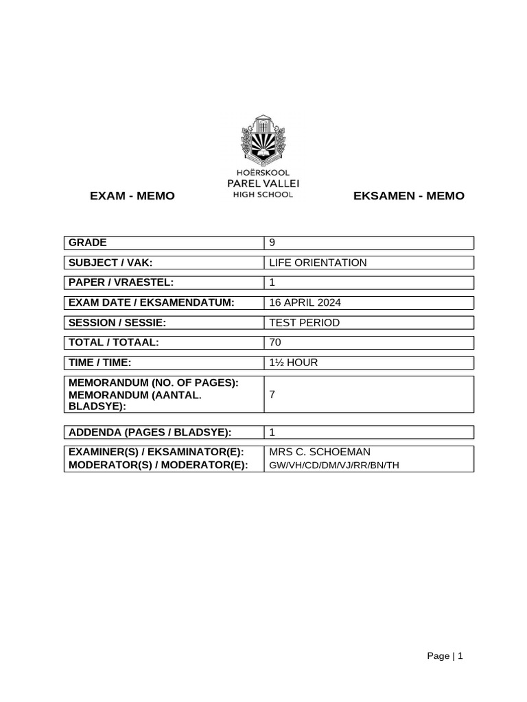 Grade 9 Life Orientation Exam Memo | PDF | Vocational Education ...