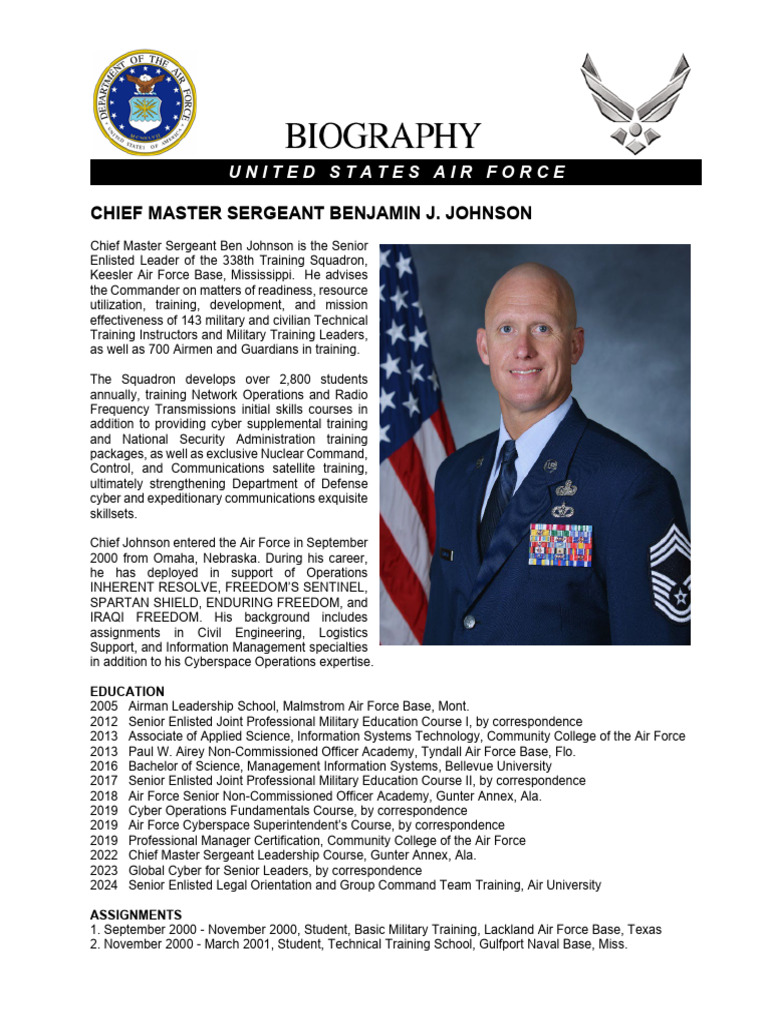 CMSGT Ben Johnson Official Biography Mar 24 | PDF | Non Commissioned ...