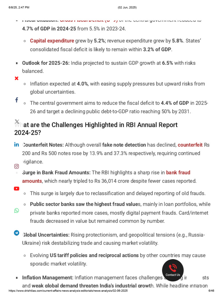 RBI Annual Report 2024-25 Challenges | PDF