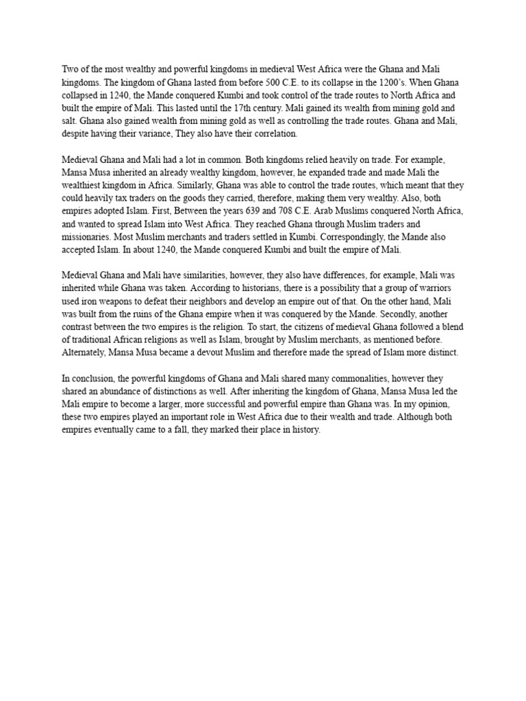 Kingdoms Compare Contrast Essay | PDF | Mali | West Africa
