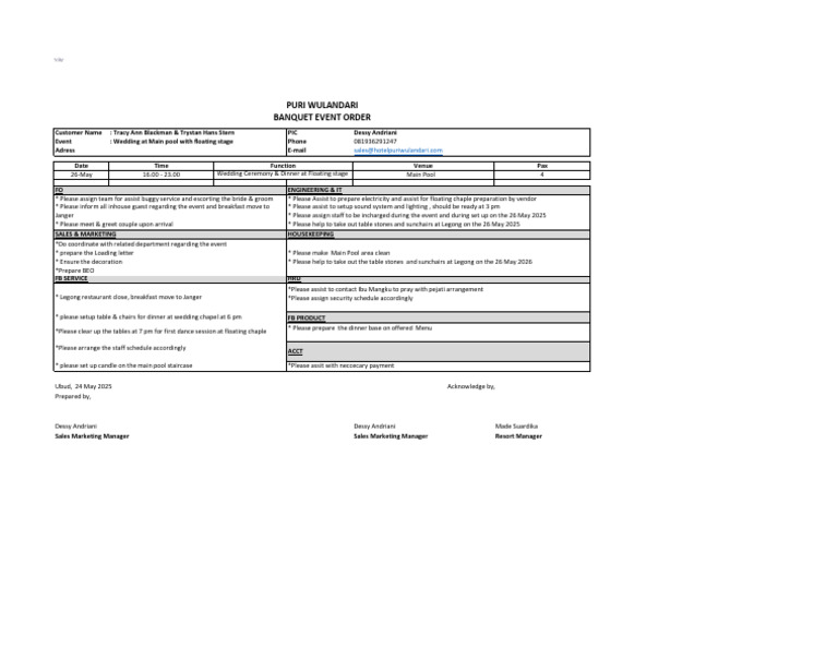 BEO Wedding Tracy Ann 26 May 2025 | PDF | Rituals | Social Institutions