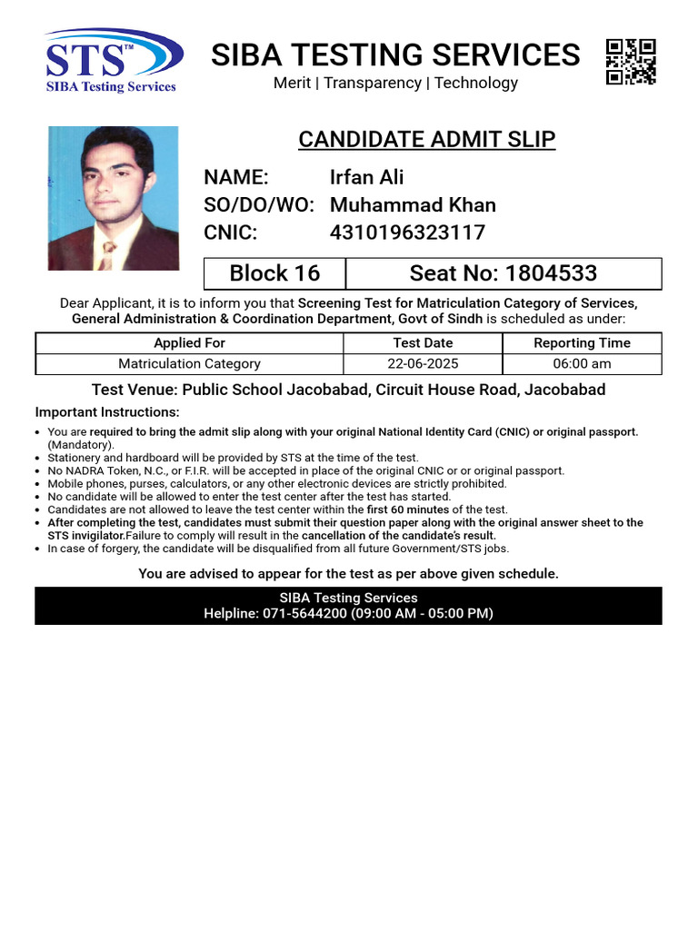 Siba Testing Services: Candidate Admit Slip | PDF
