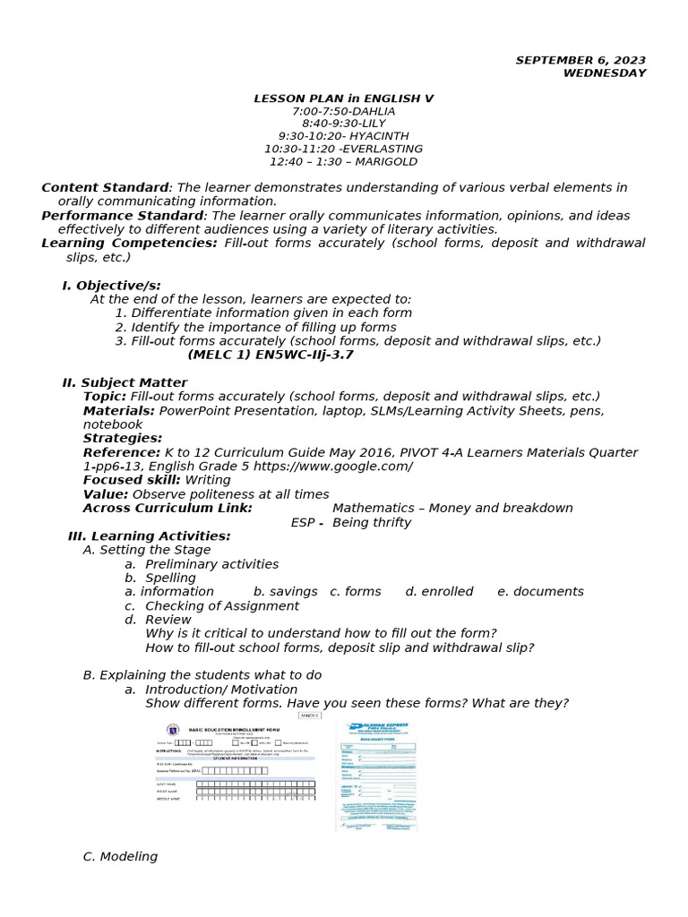 DLP ENG5 Filling Out Forms | PDF | Learning | Curriculum