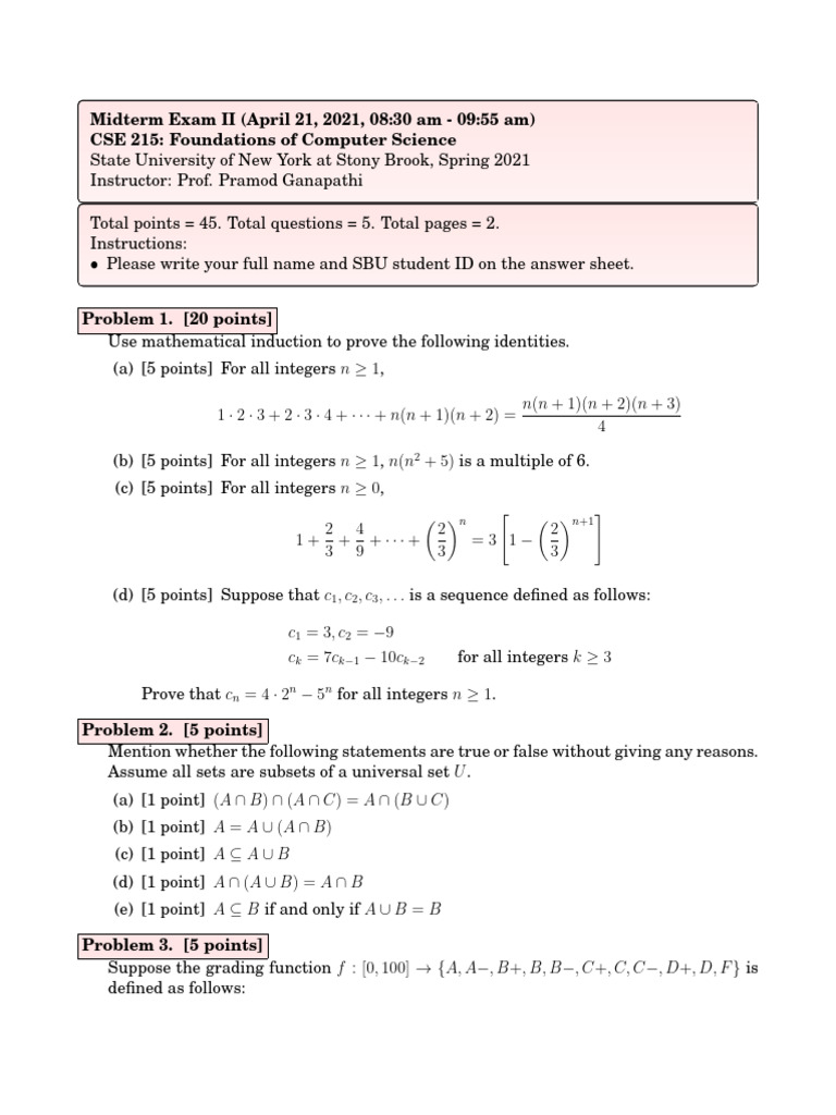 CSE215 2021spring Midterm2 | PDF | Function (Mathematics) | Mathematics