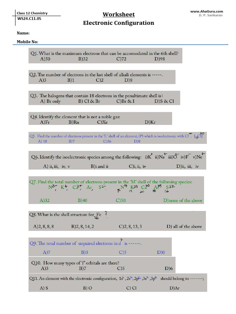 WS24.C11.05 Worksheet On Electronic Configuration 1720850141253 QLiHX | PDF