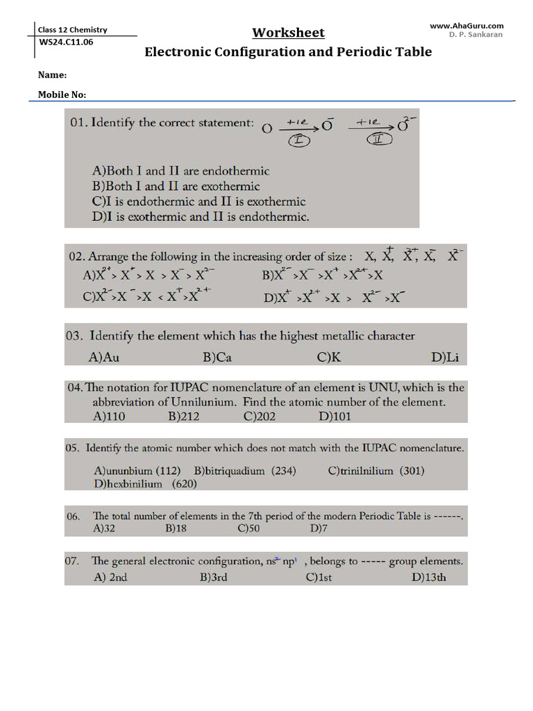 WS24.C11.06 - Worksheet On Electronic Configuration and Periodic Table ...