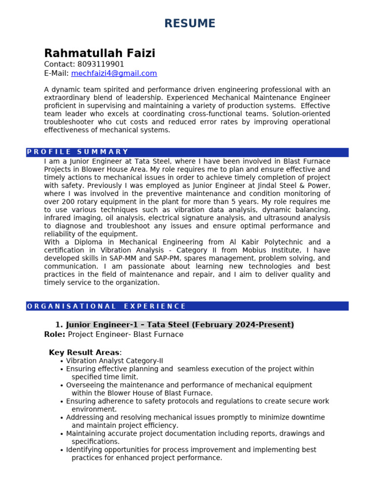 Resume II Rahmatullah Faizi II After | PDF | Mechanical Engineering