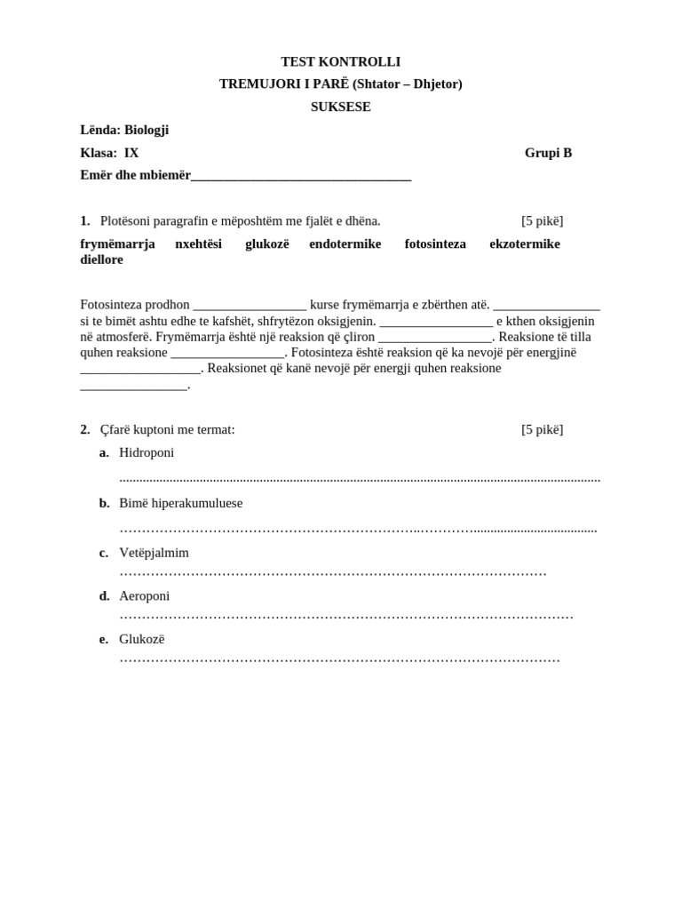 Bio 9 Test Tremujori I-1 | PDF