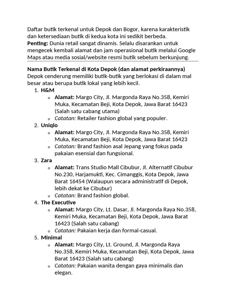 Butik Terkenal di Depok dan Bogor | PDF