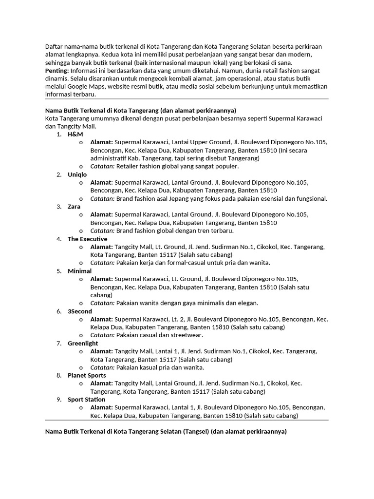 Butik Terkenal di Tangerang dan Tangsel | PDF