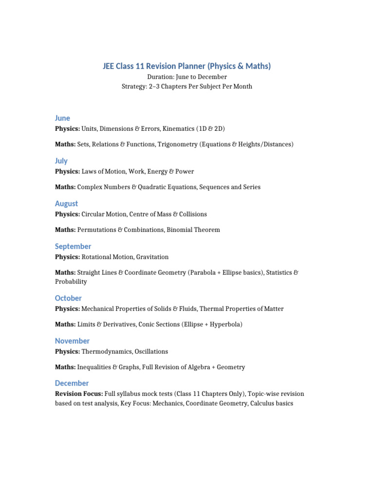 JEE Class11 Revision Planner June December | PDF