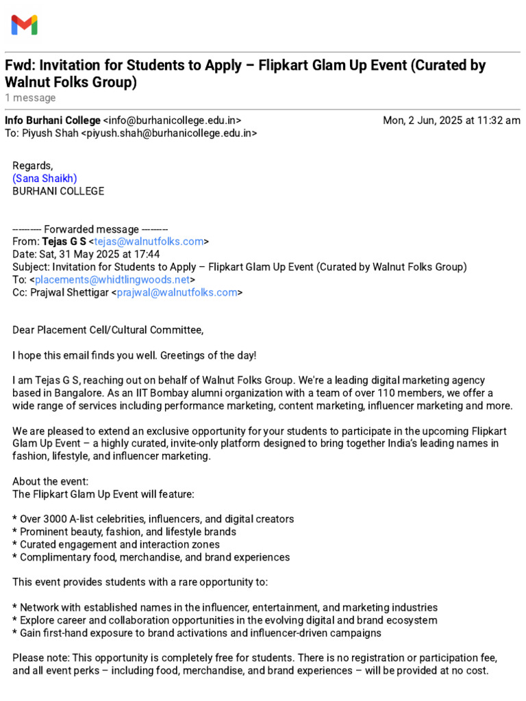 Gmail - FWD - Invitation For Students To Apply - Flipkart Glam Up Event ...