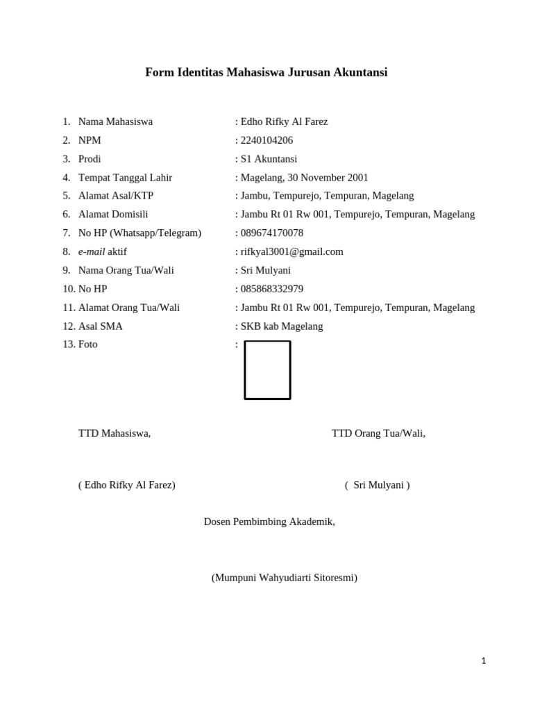 Form Identitas Mahasiswa Jurusan S1 Akuntansi | PDF