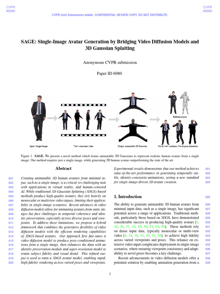 SAGE Single Image Avatar Generation by Bridging Video Diffusion Models and 3D Gaussian Splatting ...