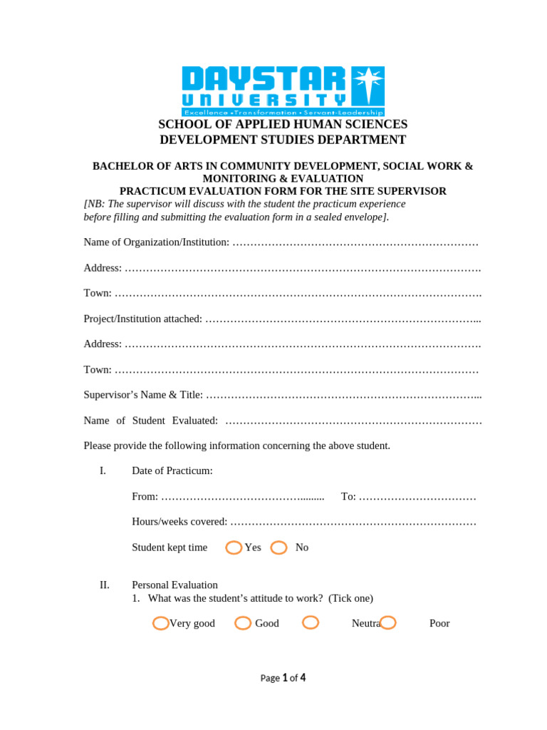 Site Supervisor Evaluation Form | PDF | Business | Psychology