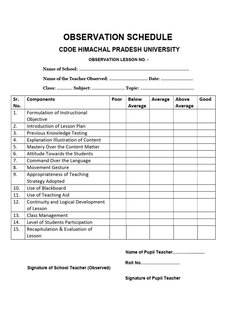 Classroom Observation Schedule Template | PDF