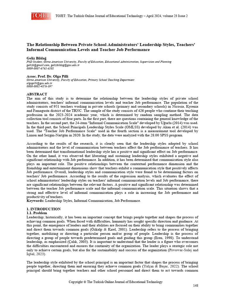 The Relationship Between Private School Administrators' Leadership Styles, Teachers' Informal ...