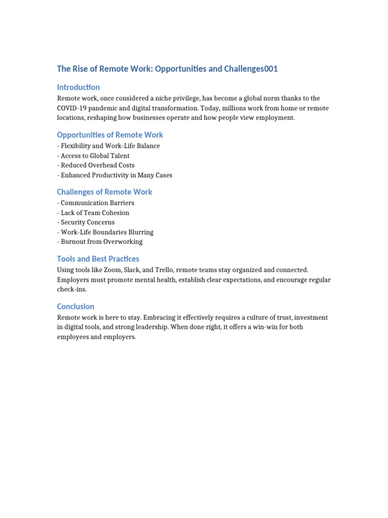 Remote Work: Benefits and Challenges | PDF