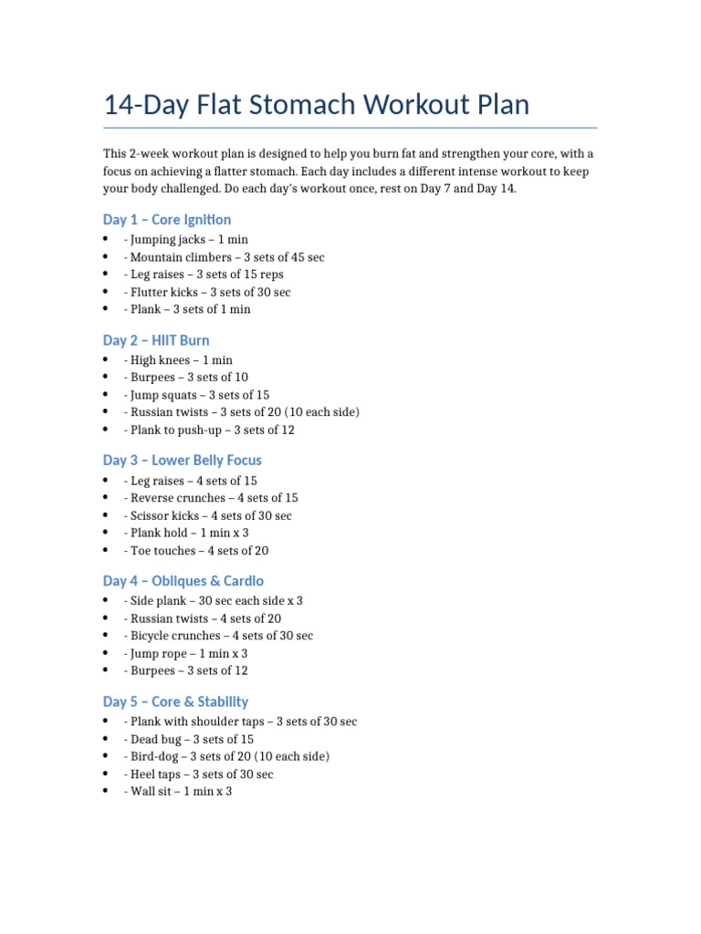 14-Day Flat Stomach Workout Plan | PDF | Physical Fitness | Physical ...