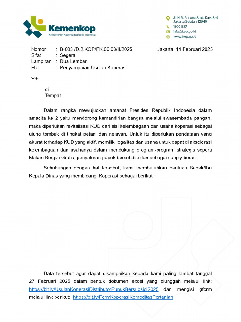 Surat Deputi Ke Dinkop - Revit KUD Dan PUPUK Rev 2 | PDF