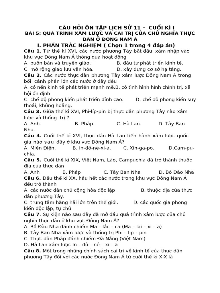 CÂU HỎI ÔN TẬP LỊCH SỬ 11 CKI | PDF