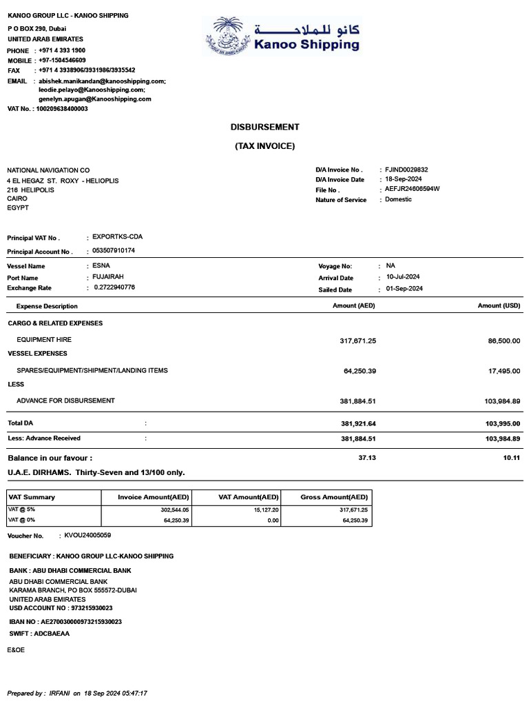 Kanoo Shipping Disbursement Invoice | PDF | United Arab Emirates ...
