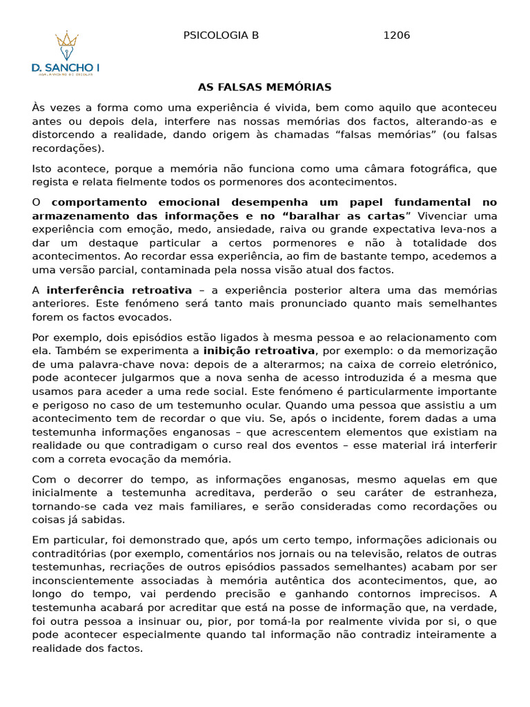 Falsas Memórias e Esquecimento na Psicologia | PDF | Memória | Amnésia