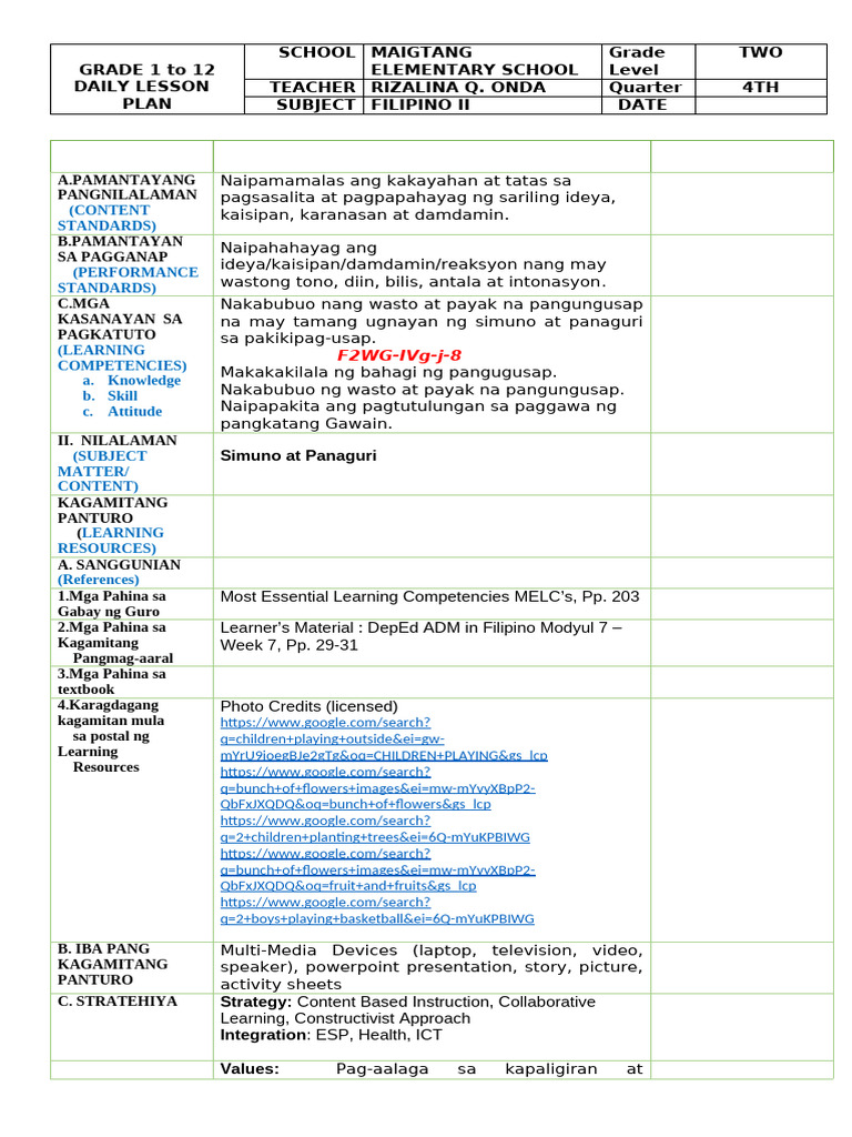 GRADE-2-FILIPINO-COT - Final - A Complete Summary | PDF | Learning | Teachers