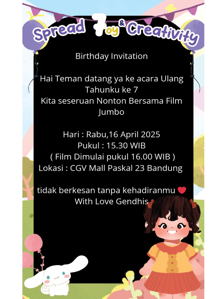 Birthday Invitation Hai Teman Datang Ya Ke Acara Ulang Tahunku Ke 7 Kita Seseruan Nonton Bersama ...