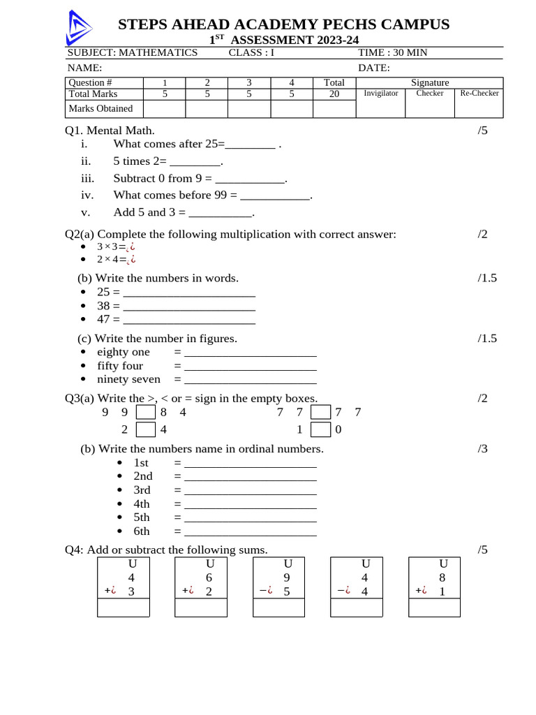 2023 24 1stasst Math1 | PDF