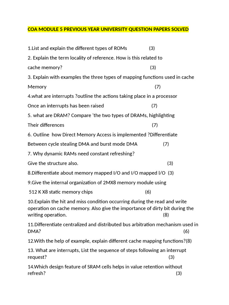 Coa Module 5 Previous Year University Question Papers Solved | PDF | Computer Memory | Random ...