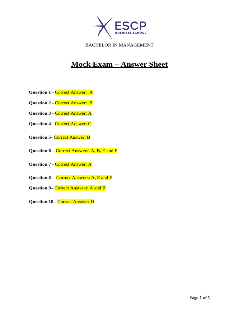 2025 Mock Exam Answer Key | PDF