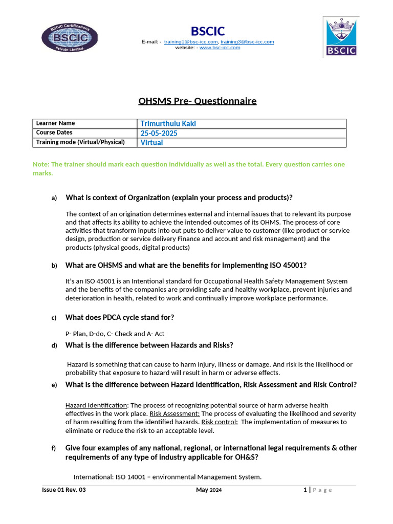 Pre-Questionnaire - Ohsms I01 r03 052024 | PDF | Risk | Occupational Safety And Health