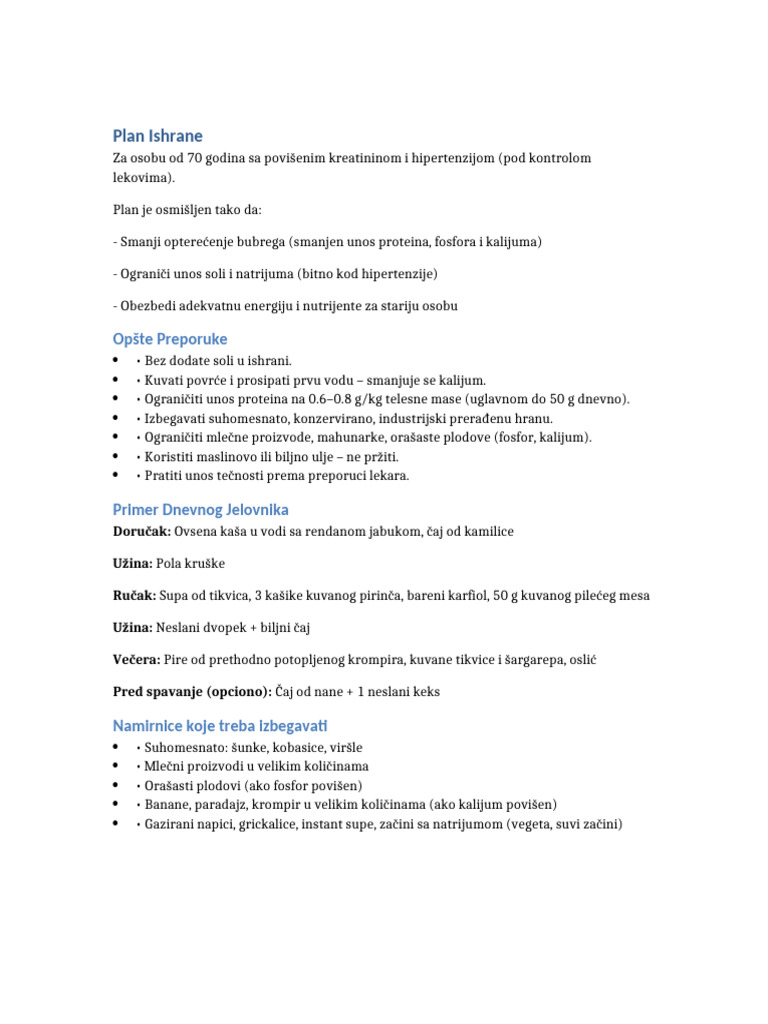 Plan Ishrane Kreatinin Hipertenzija 70god | PDF