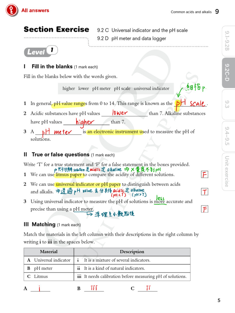 Unit 9.2 C-D Workbook Answer | PDF | Ph | Chemical Substances