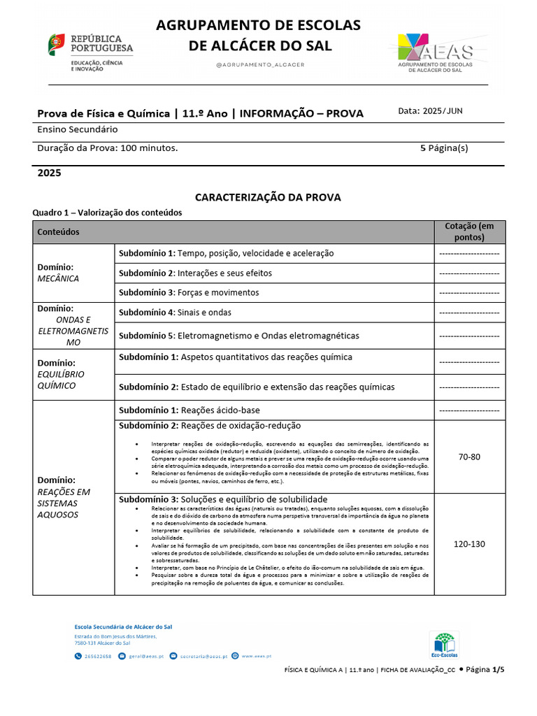 FA4 - 11.º Ano - Informação Prova | PDF | Química | Reações químicas