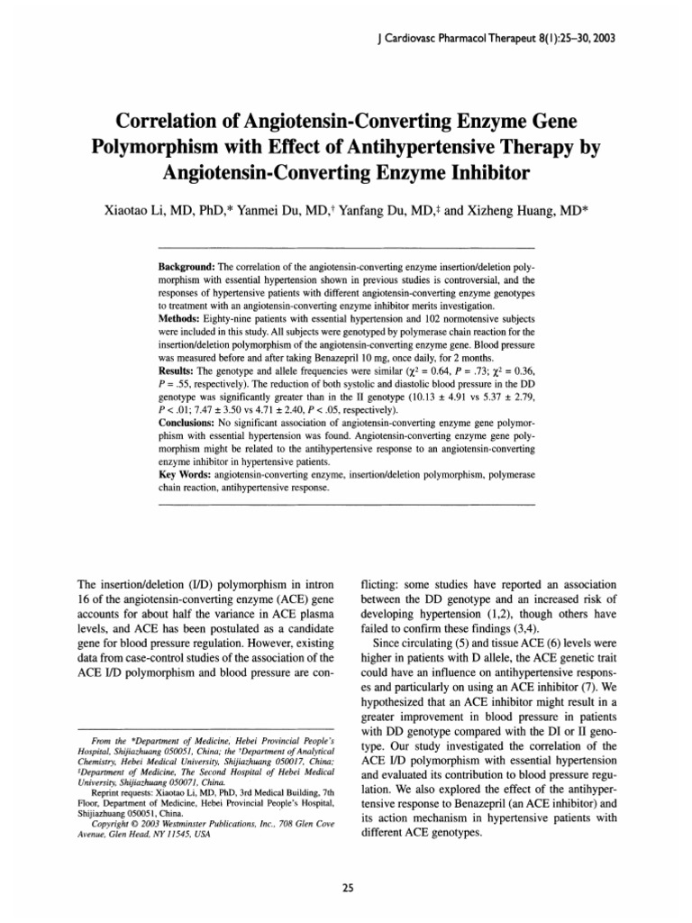 Correlation of Angiotensin-Converting Enzyme Gene | PDF | Hypertension ...