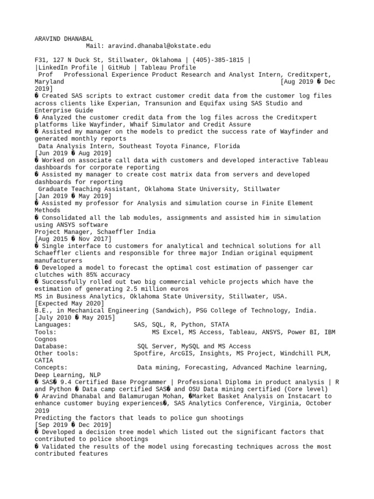 Aravind Business Resume Final | PDF | Sas (Software) | Analytics