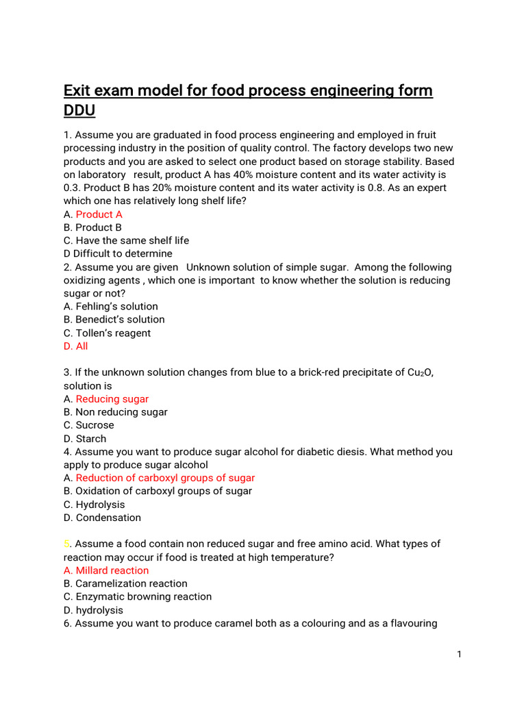 Exit Exam Model For Food Process Engineering Form DDU Final | PDF ...