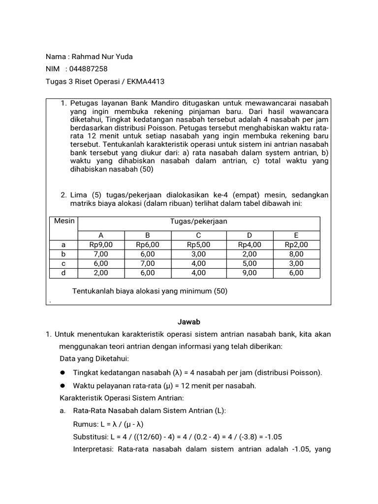 Karakteristik Antrian Nasabah Bank | PDF