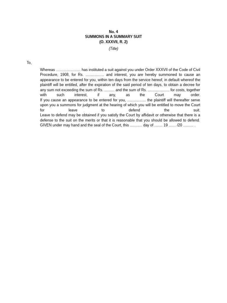 Summons in Summary Suit Format | PDF