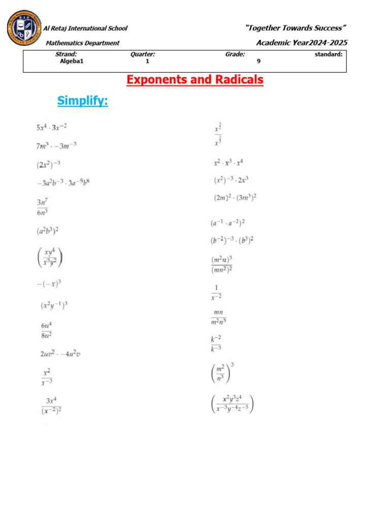 Exponents and Radicals Practice for Grade 9 | PDF