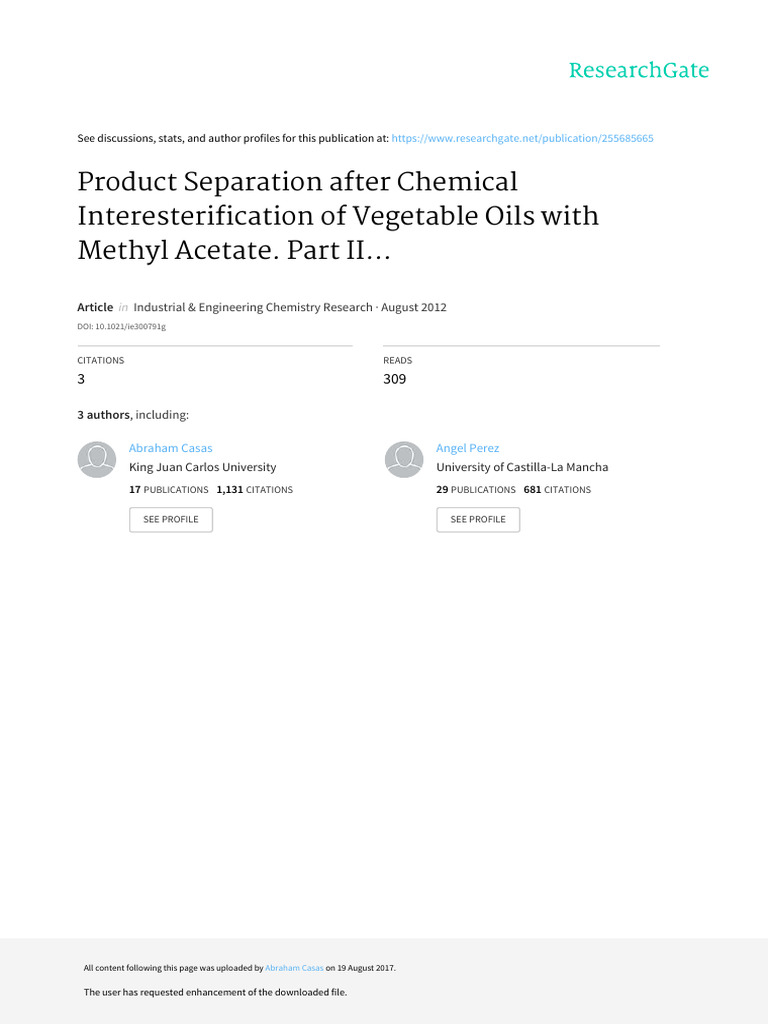 Product Separation After Chemical Interesterification of Vegetable Oils ...
