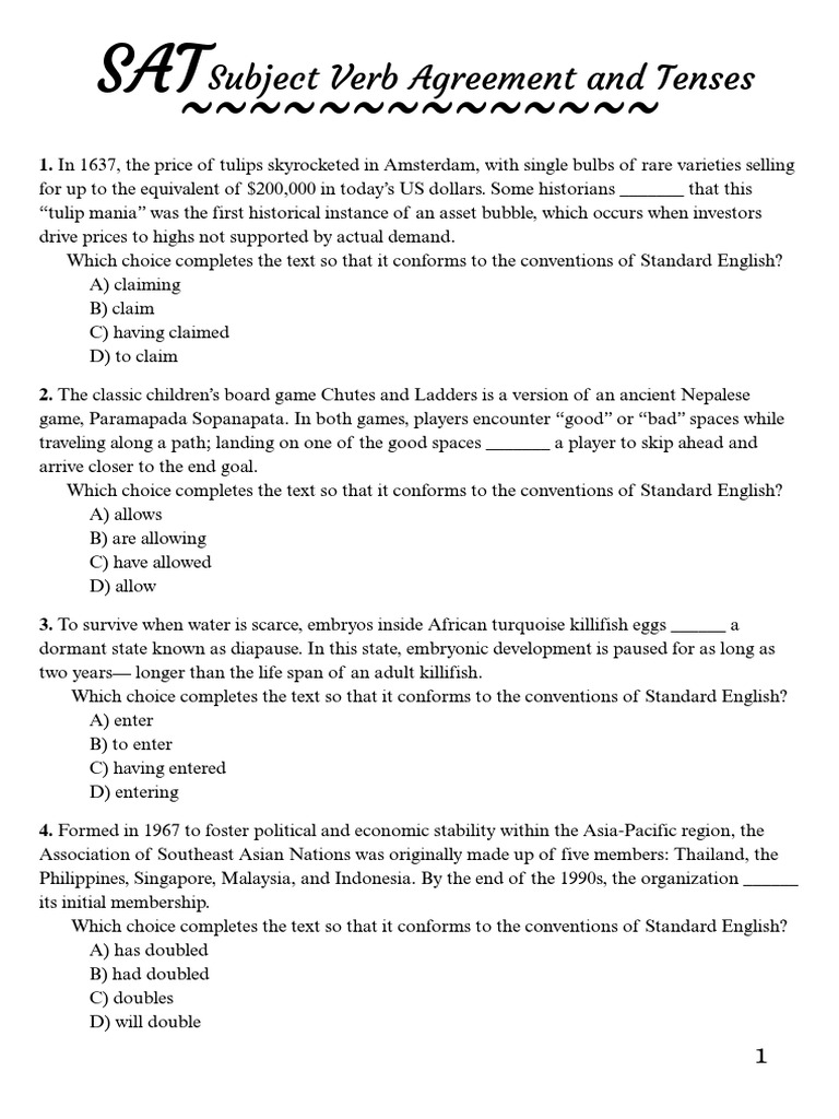 SAT Subject Verb Agreement and Tenses | PDF