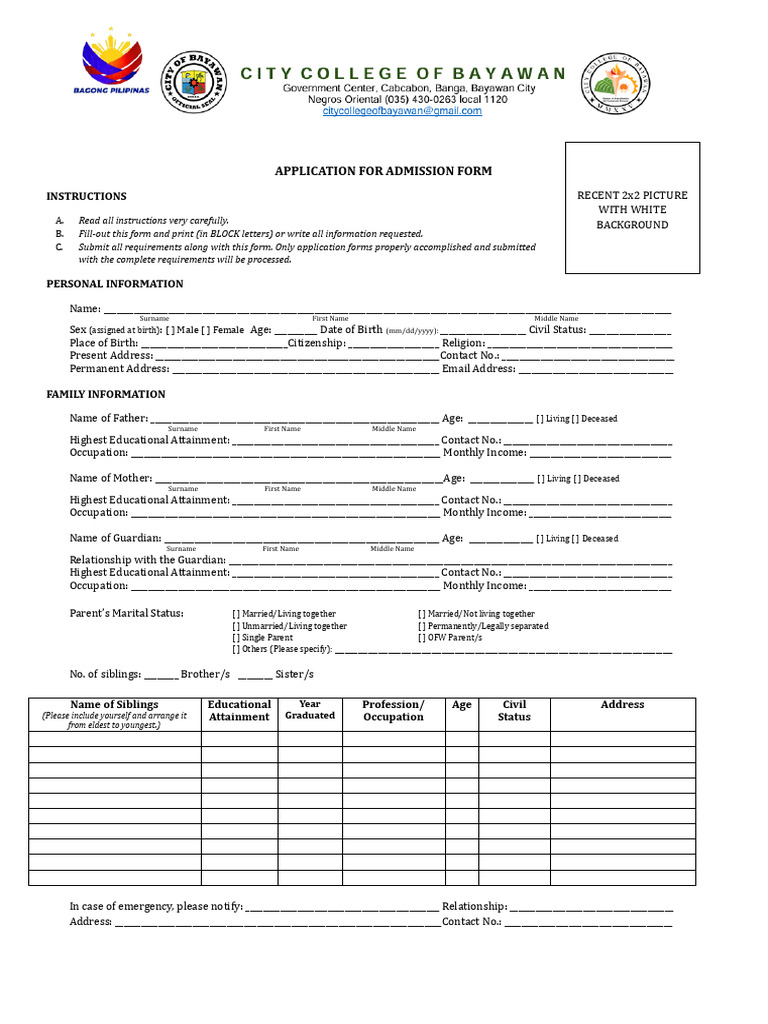 CCB Application For Admission Form S.Y. 2025-2026 | PDF | Clinical ...