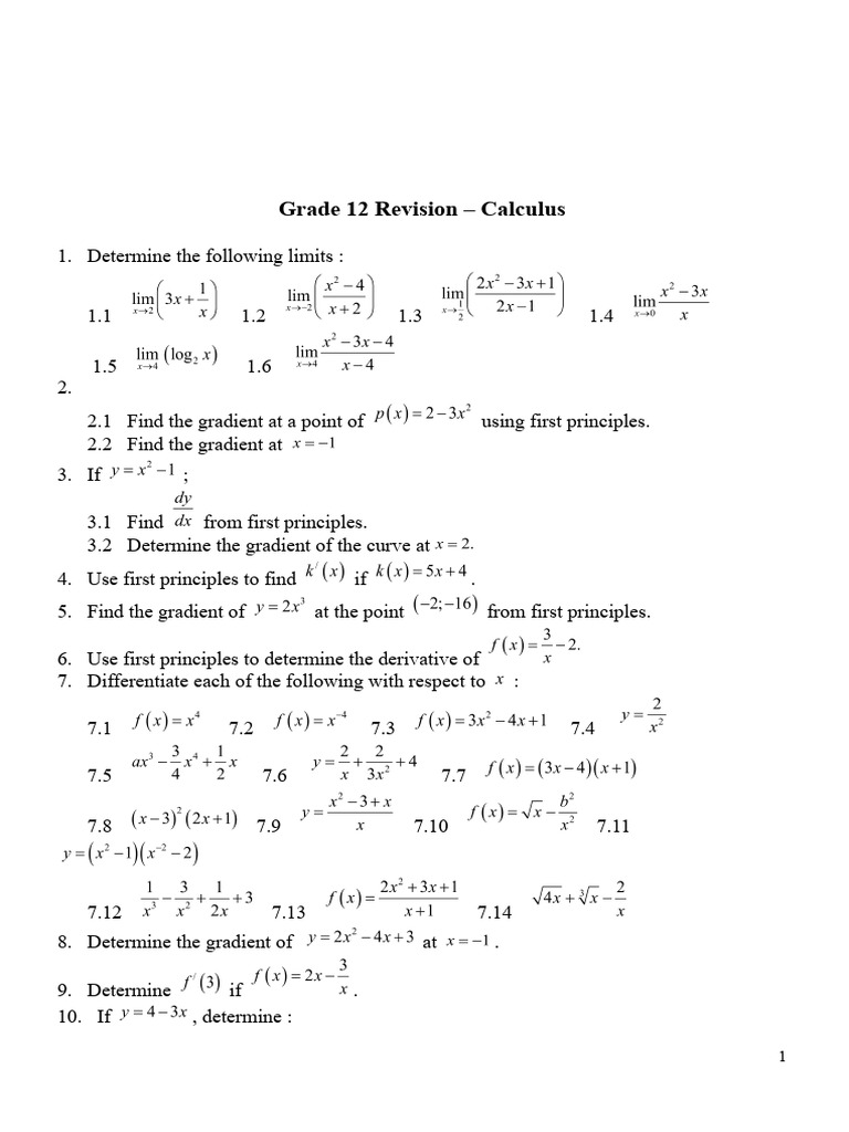 Grade 12 Revision-Calculus - 08-09-2008 | PDF | Slope | Tangent