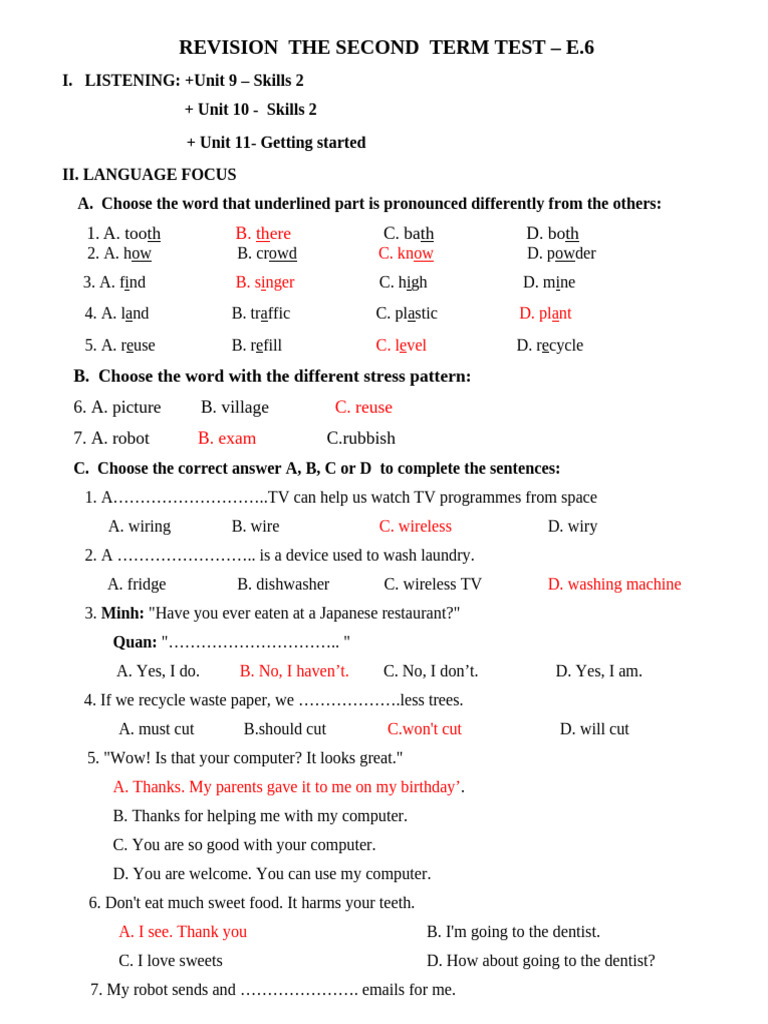 Revision For The Second Term Test, E6, Keys | PDF | Recycling