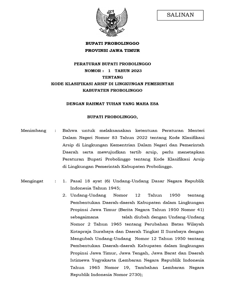 Perbup Probolinggo No 1 Tahun 2023 Tentang Kode Klasifikasi Surat | PDF