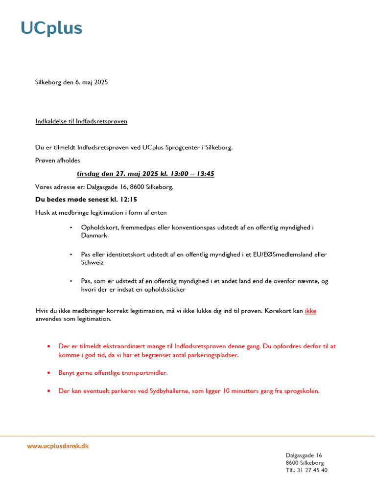 Indkaldelse Indfødsretsprøve | PDF